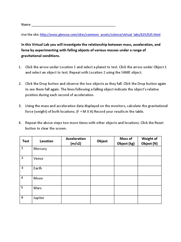 Glencoe Virtual Lab - Newtons 2nd Law of Motion | PDF
