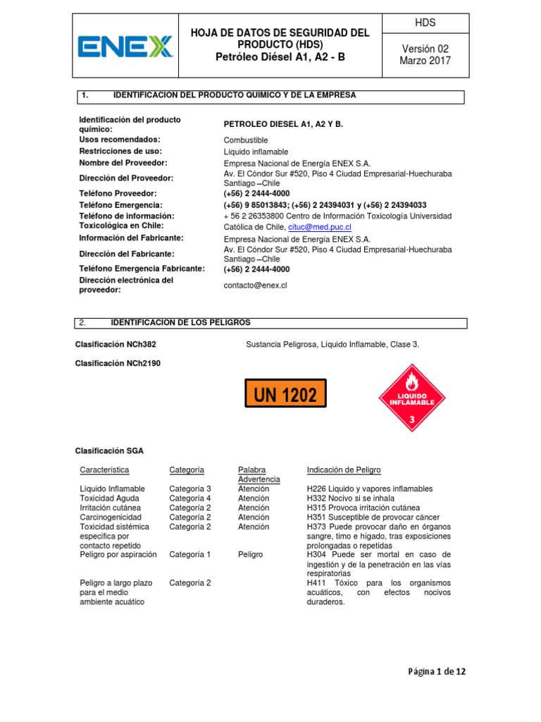 MSDS Petróleo Diésel A1 A2 - B Enex | Agua | Combustión