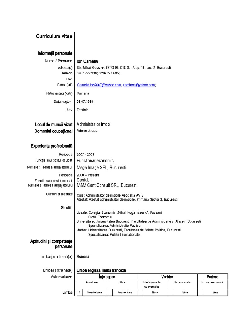 Model CV Curriculum Vitae European Romana | PDF