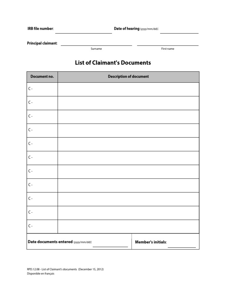 List of Claimant's Documents: IRB File Number: Date of Hearing | PDF | Law