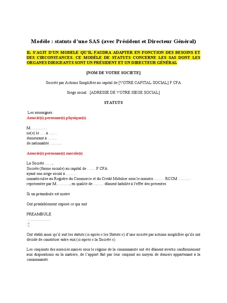 Modèle de statuts pour SAS | PDF | Business | Finance (Général)