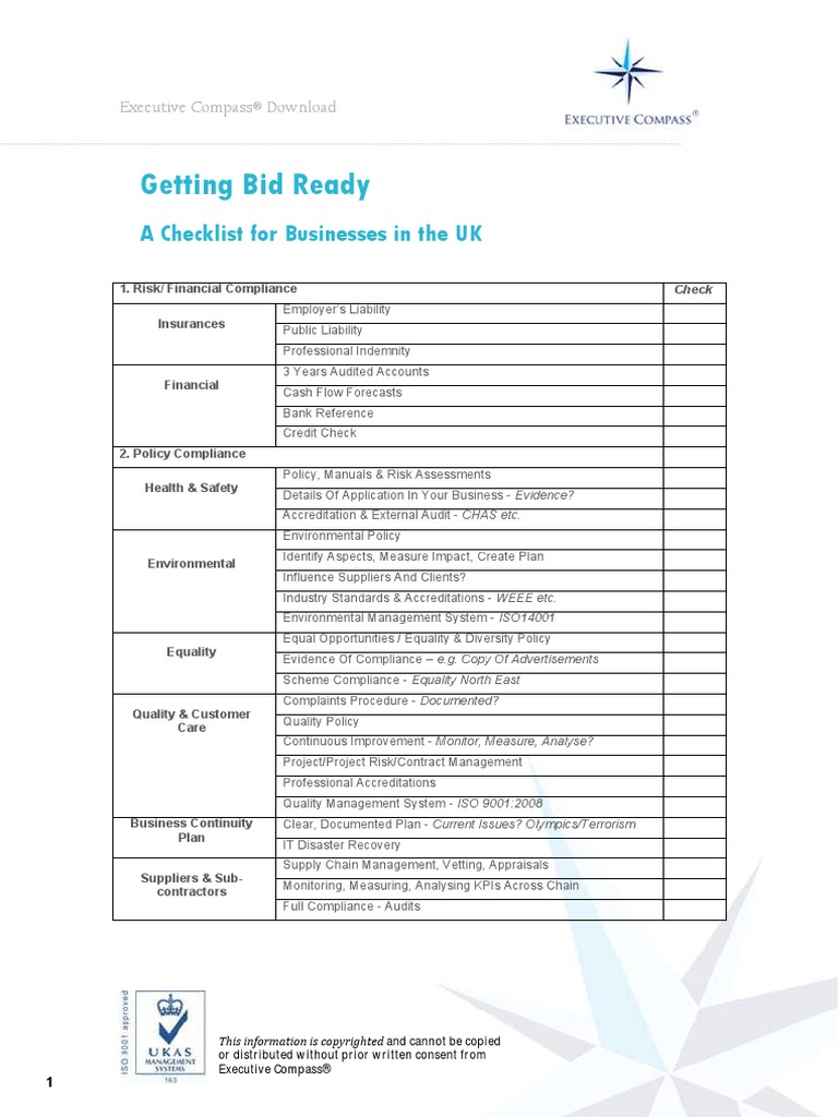 Bid Ready Checklist | PDF | Accountability | Economies