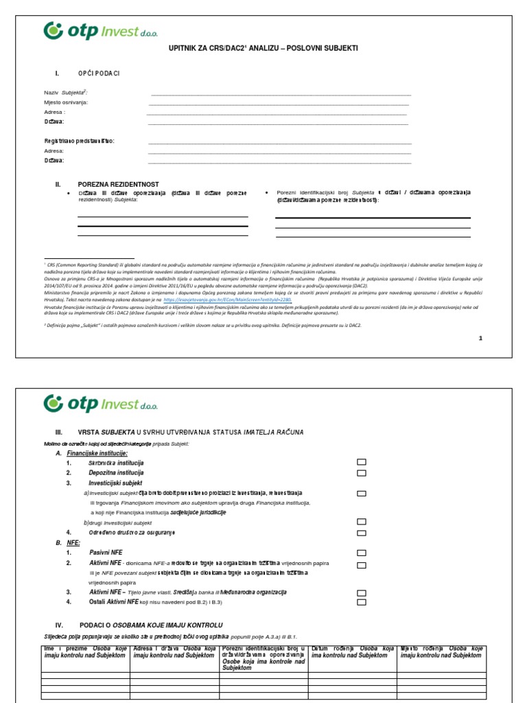 Upitnik Za CRS DAC2 Analizu - Poslovni Subjekti | PDF