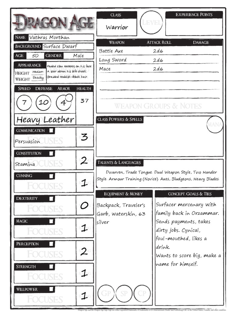 DragonAge CharacterSheet Form | PDF | Role Playing Video Games | Role ...