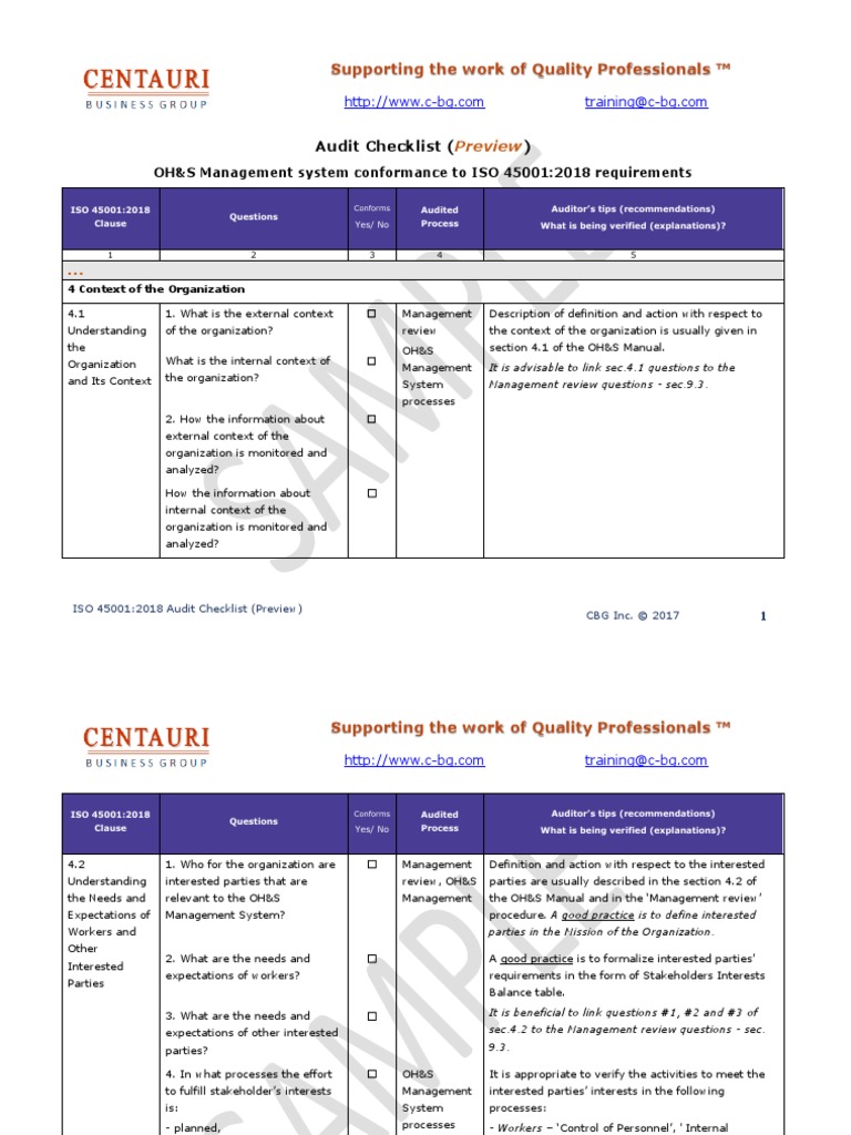 45001:2018 Audit Checklist (preview) | Audit | Internal Audit
