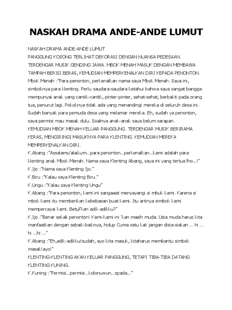 Naskah Drama Ande-Ande Lumut Singkat | PDF | Fiksi Misteri, Thriller ...