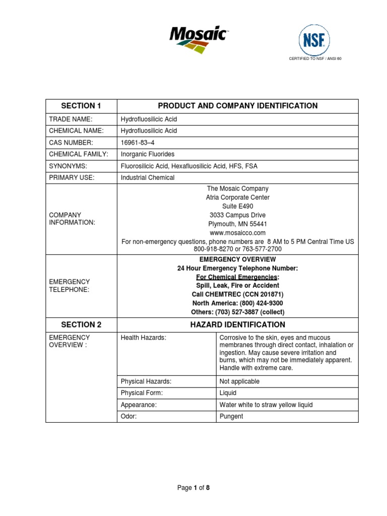 Hydrofluosilicic Acid MSDS | PDF | Fluorine | Personal Protective Equipment