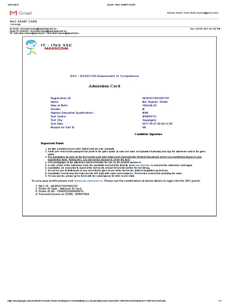 Sikder - Nac Admit Card | PDF | Identity Document | Applications Of ...