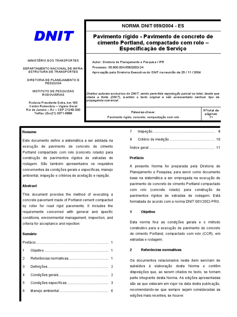 Dnit059 - 2004 - Es (1) DNIT | PDF | Concreto | Cimento