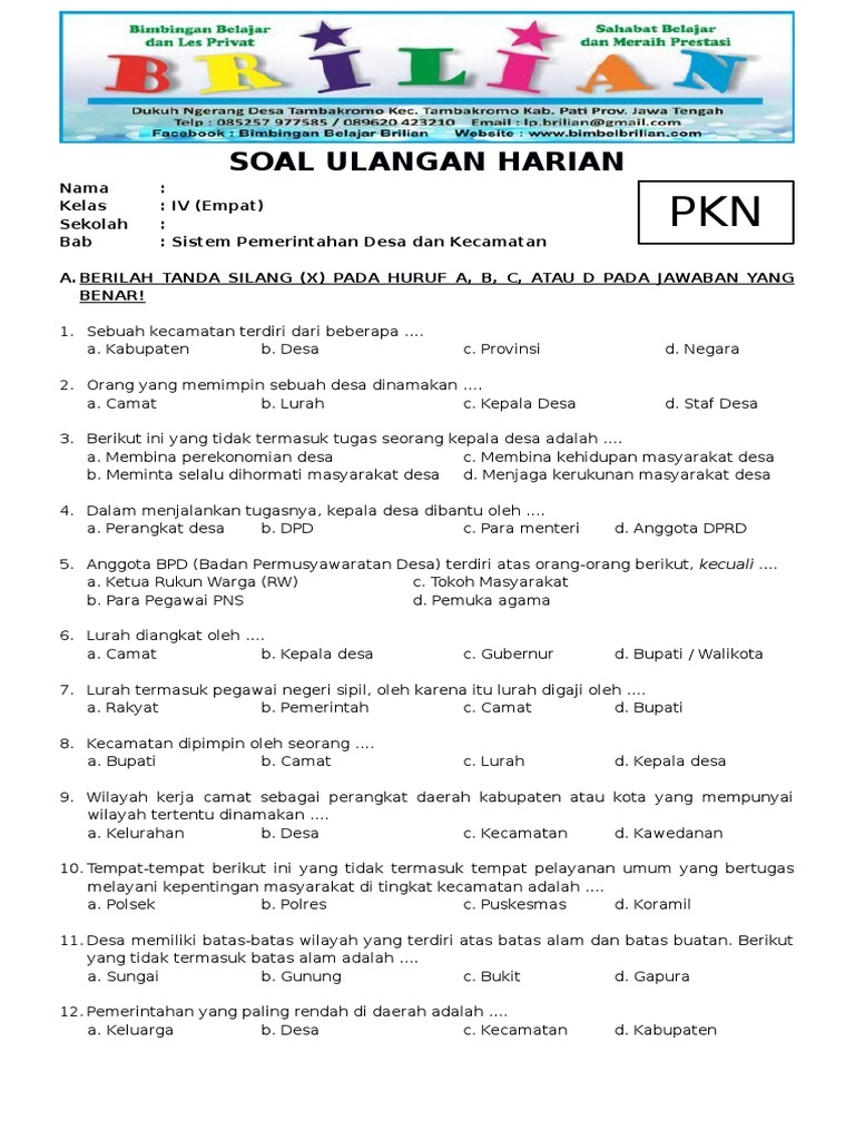 Soal PKN Kelas 4 SD Bab 1 Sistem Pemerintahan Desa Dan Kecamatan Dan Kunci Jawaban | PDF