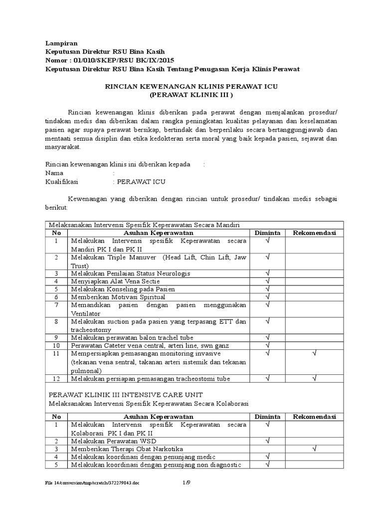 RKK Perawat Klinis III ICU | PDF