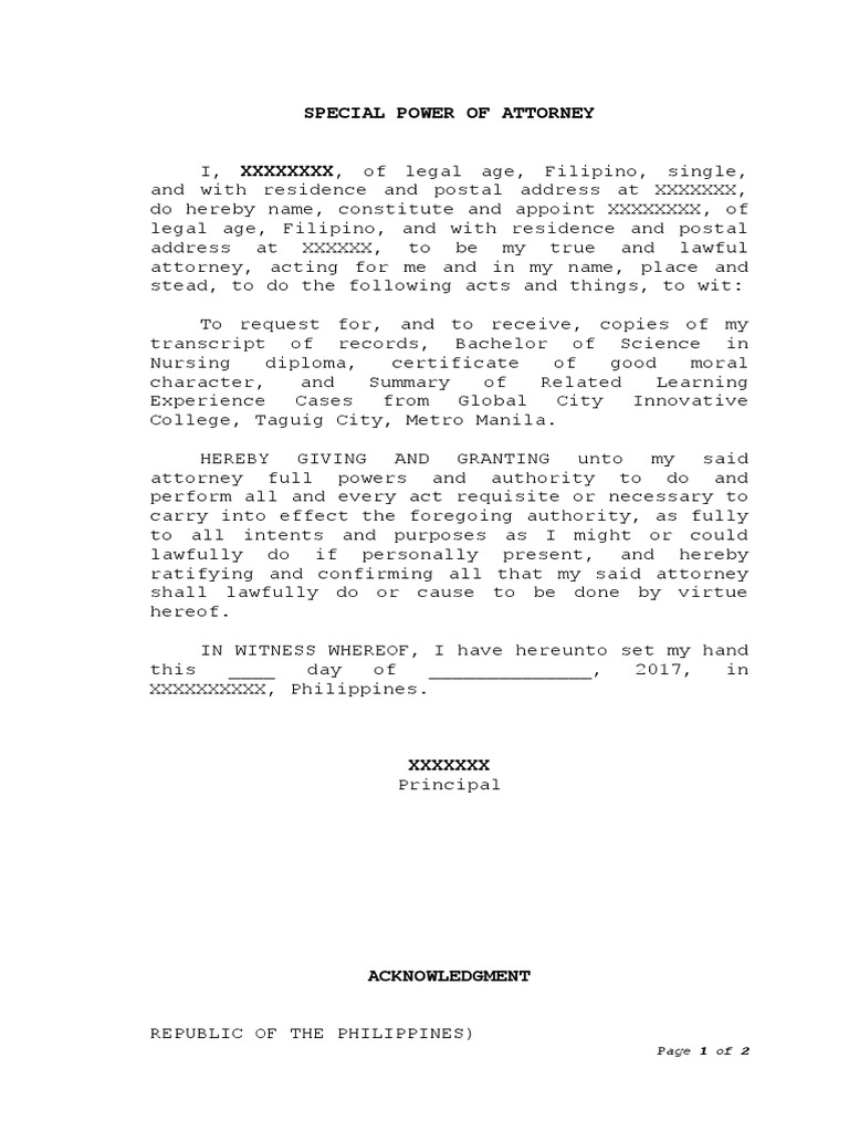 Sample SPA | PDF | Power Of Attorney | Notary Public