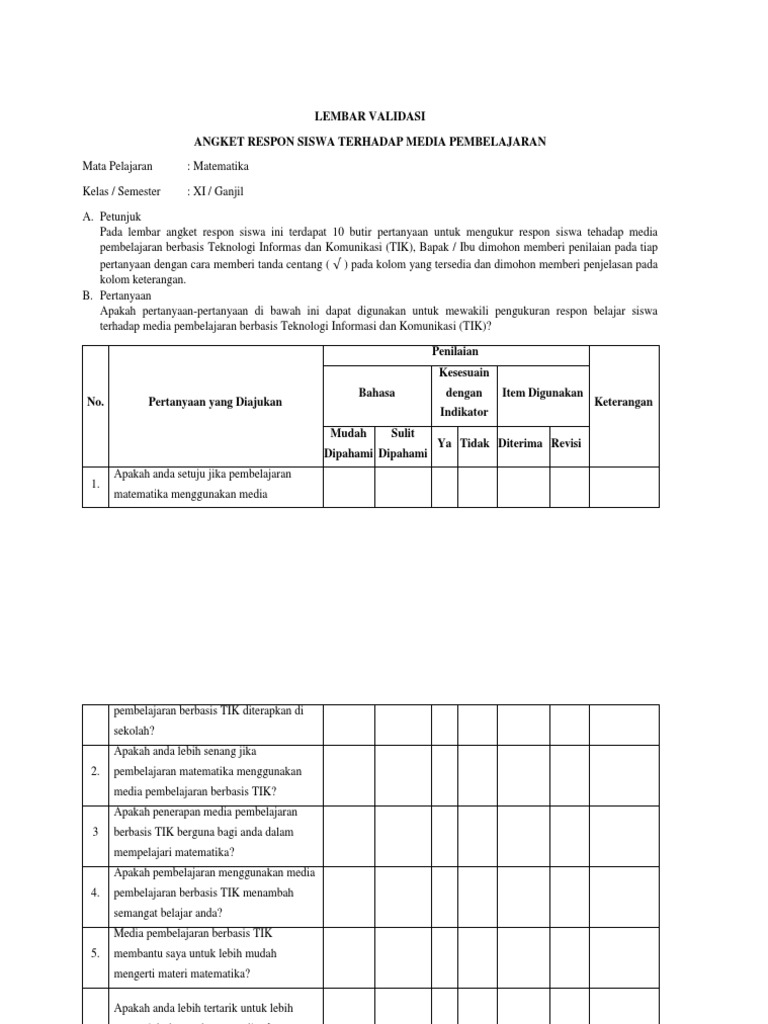 Lembar Validasi Angket Respon Siswa | PDF