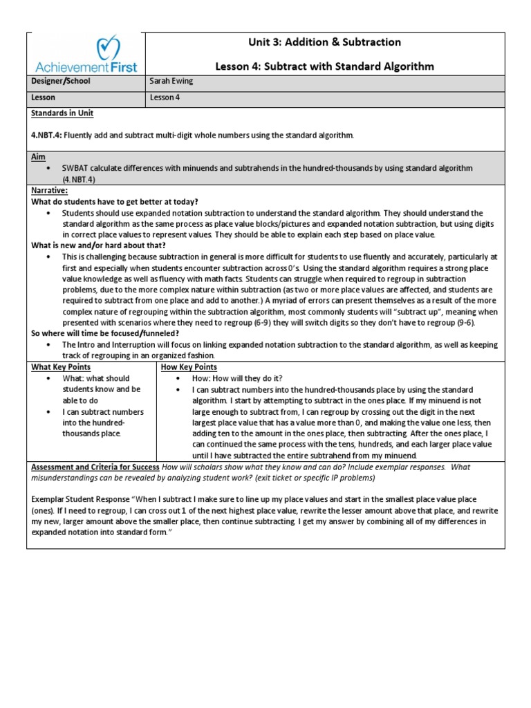 l4 U3 GR 4 Math Subtract With Standard Algorithm 1718 Final | PDF | Subtraction | Numbers