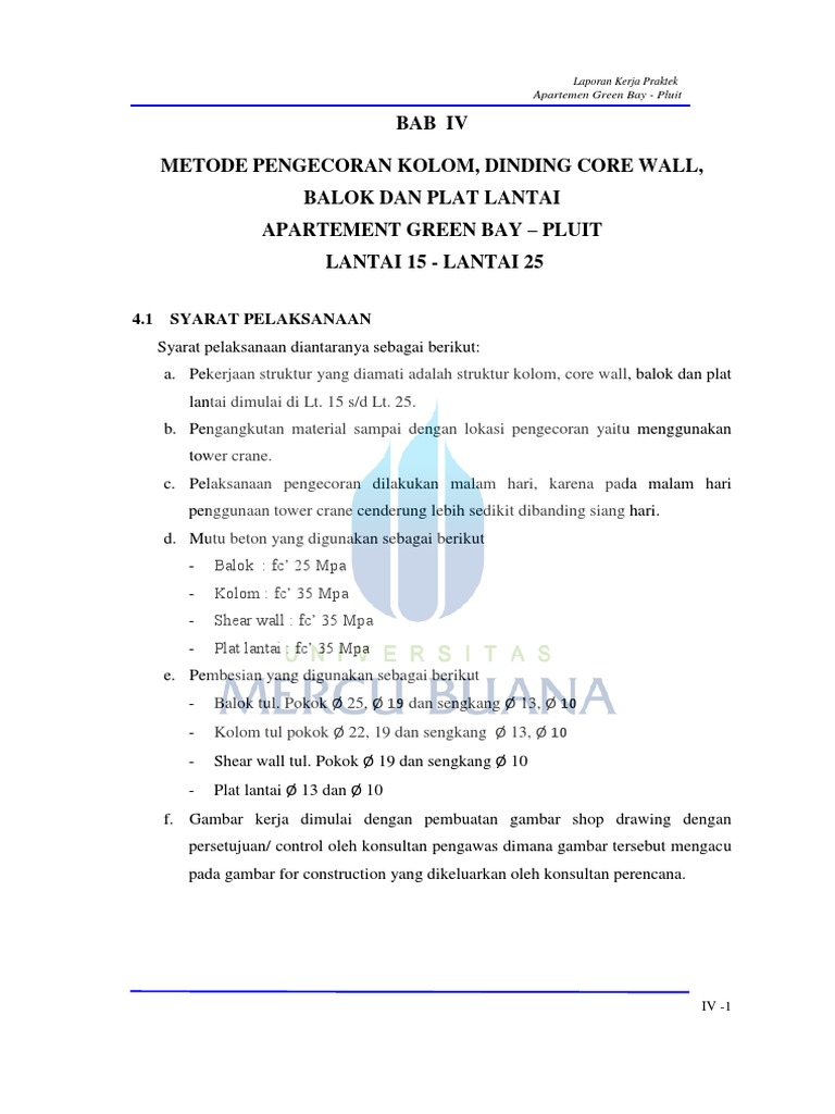 Bab IV Metode Pengecoran Kolom, Dinding Core Wall, Balok Dan Plat ...