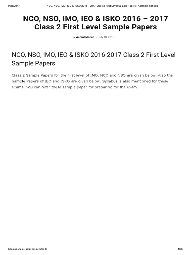 NCO, NSO, IMO, IEO & ISKO 2016 - 2017 Class 2 First Level Sample Papers ...