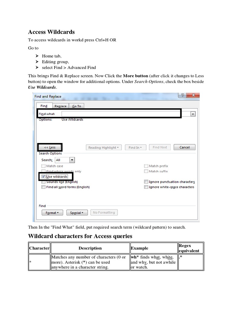 Using Wildcards in MS Word | PDF | Regular Expression | Language Mechanics