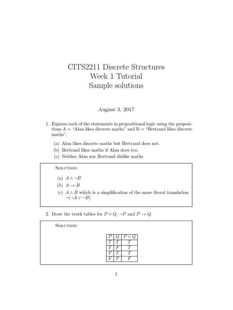 w01 Tutorial Propositional Logic Solutions | PDF | Formalism (Deductive) | Teaching Mathematics