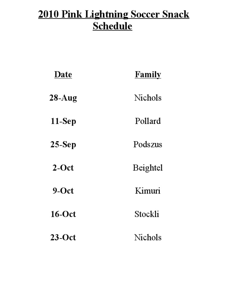 2010 Pink Lightning Snack Schedule | PDF