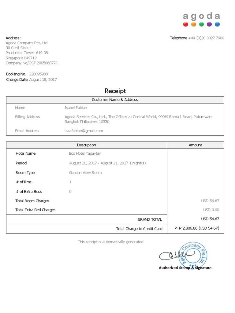 Agoda Booking ID 228095988 - RECEIPT Enclosed | PDF