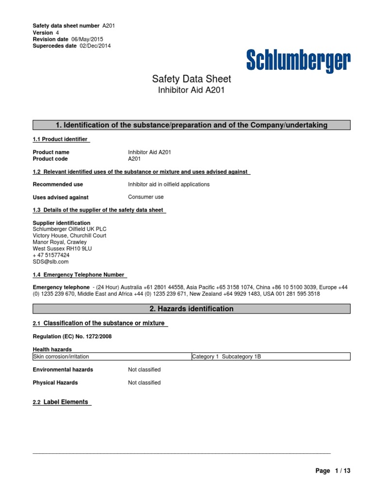Inhibitor Aid a201 Msds Schlumberger | Toxicity | Personal Protective ...