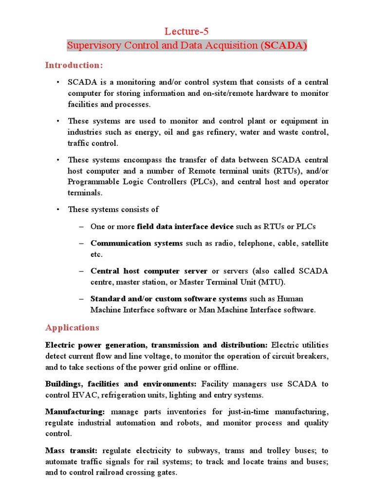 Lecture-5 Supervisory Control and Data Acquisition (SCADA) | PDF | Scada | Programmable Logic ...