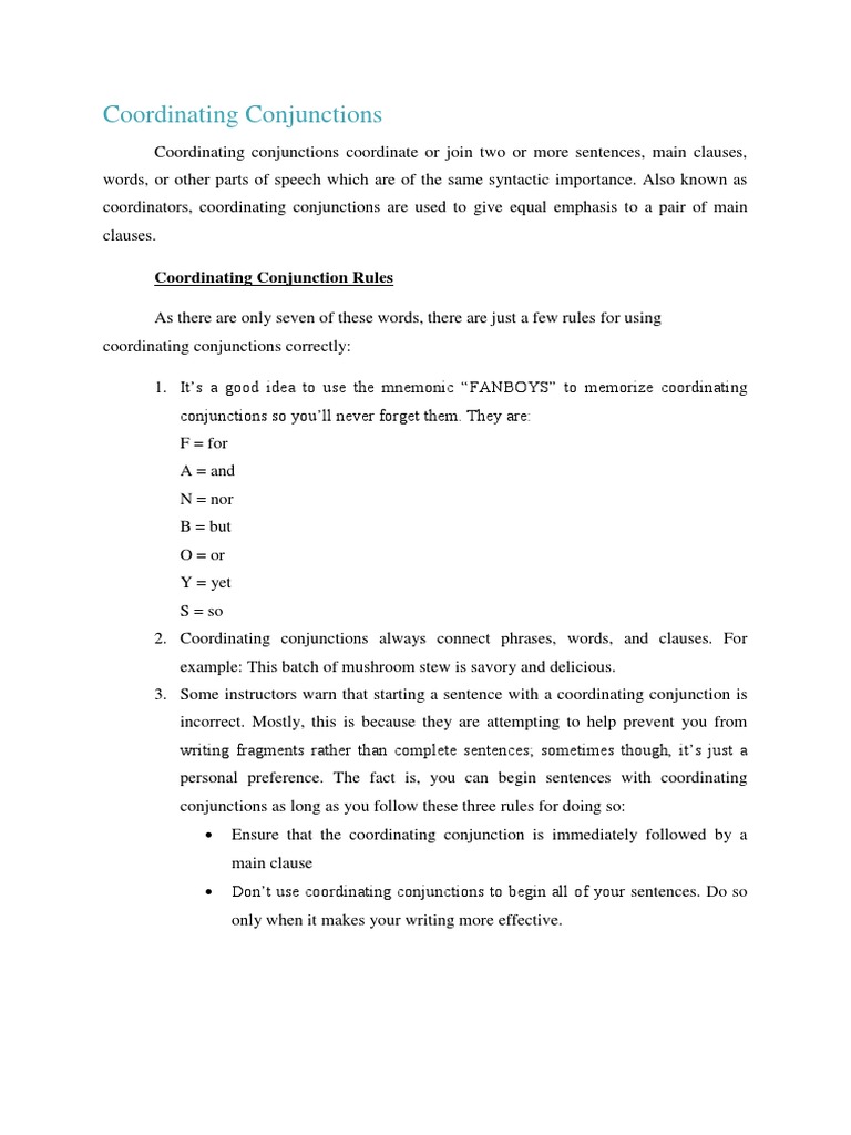 Coordinating Conjunctions | PDF | Sentence (Linguistics) | Linguistic Morphology