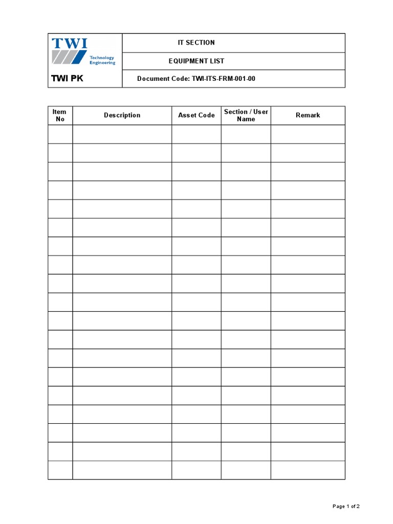 TWI ITS FRM 001 00, Equipment List | PDF