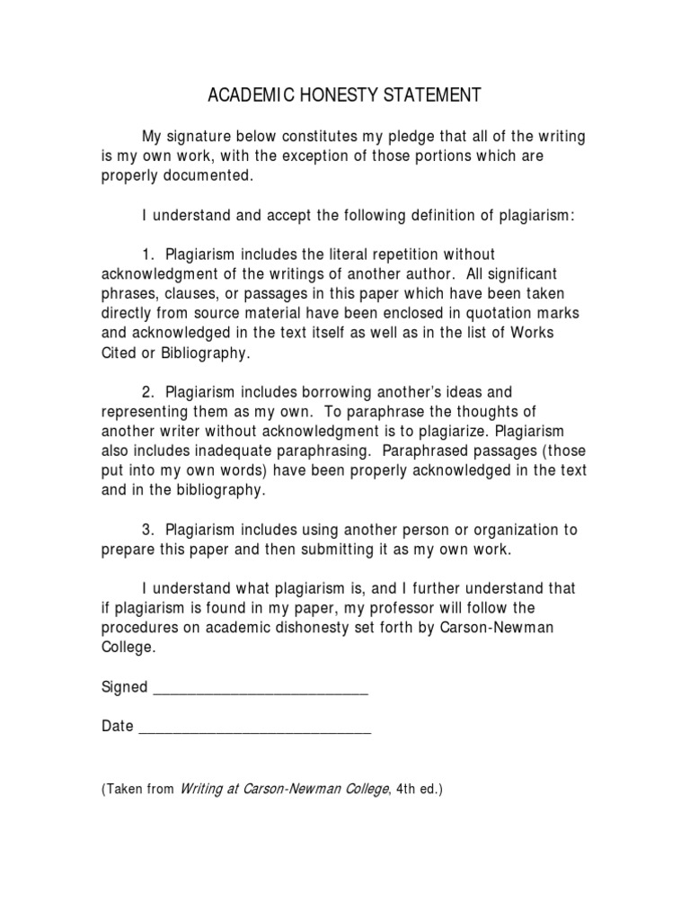 Academic Honesty Statement: Writing at Carson-Newman College | PDF ...