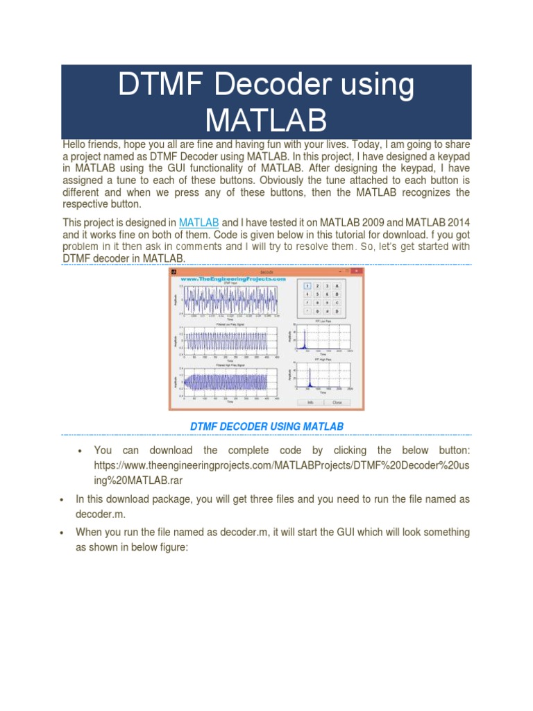 Dtmf Decoder Using Matlab Pdf Matlab Signal Processing