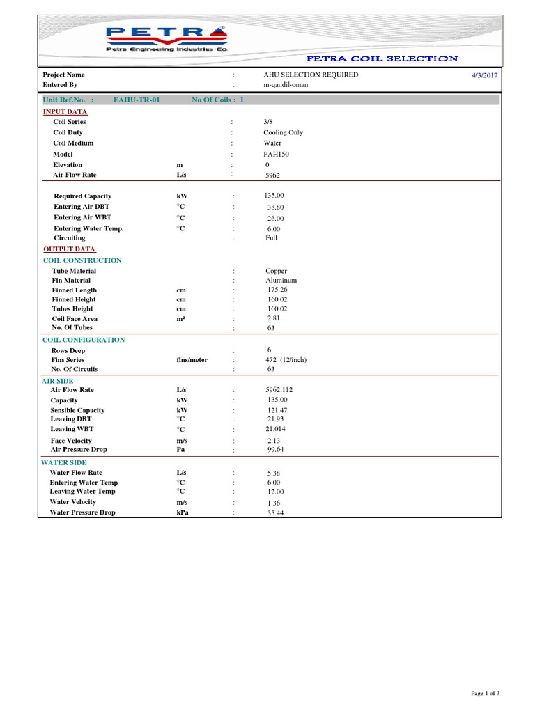 AHU selection report | PDF | Flow Measurement | Atmospheric Pressure