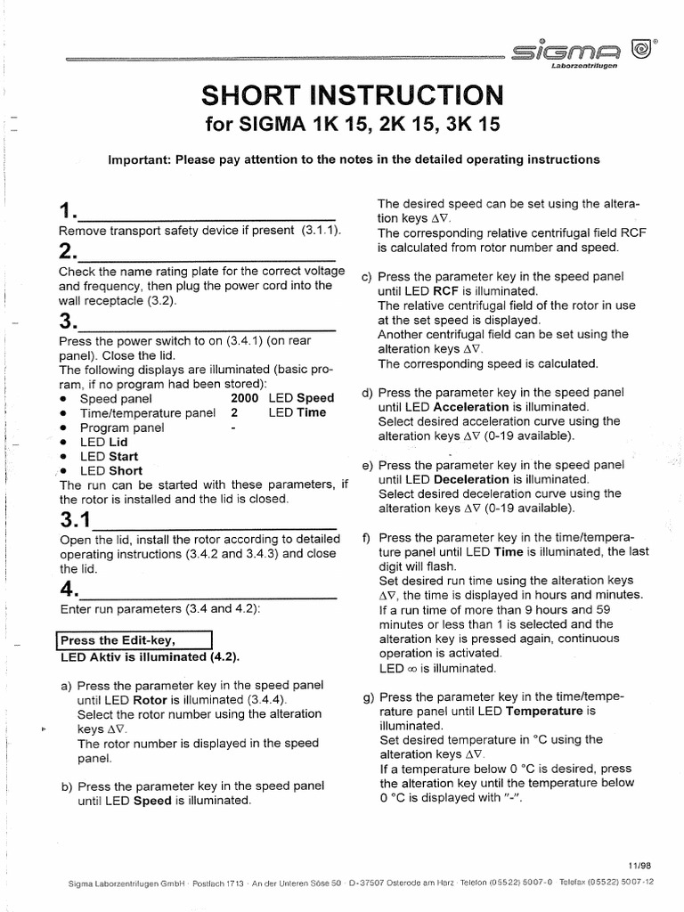 Sigma Centrifuge 3K15 Manual | PDF