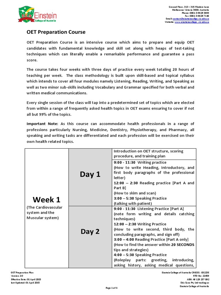 OET Preparation Plan - OET Intensive Training | PDF | Health Care ... OET Preparation Plan - OET Intensive Training | PDF | Health Care ...