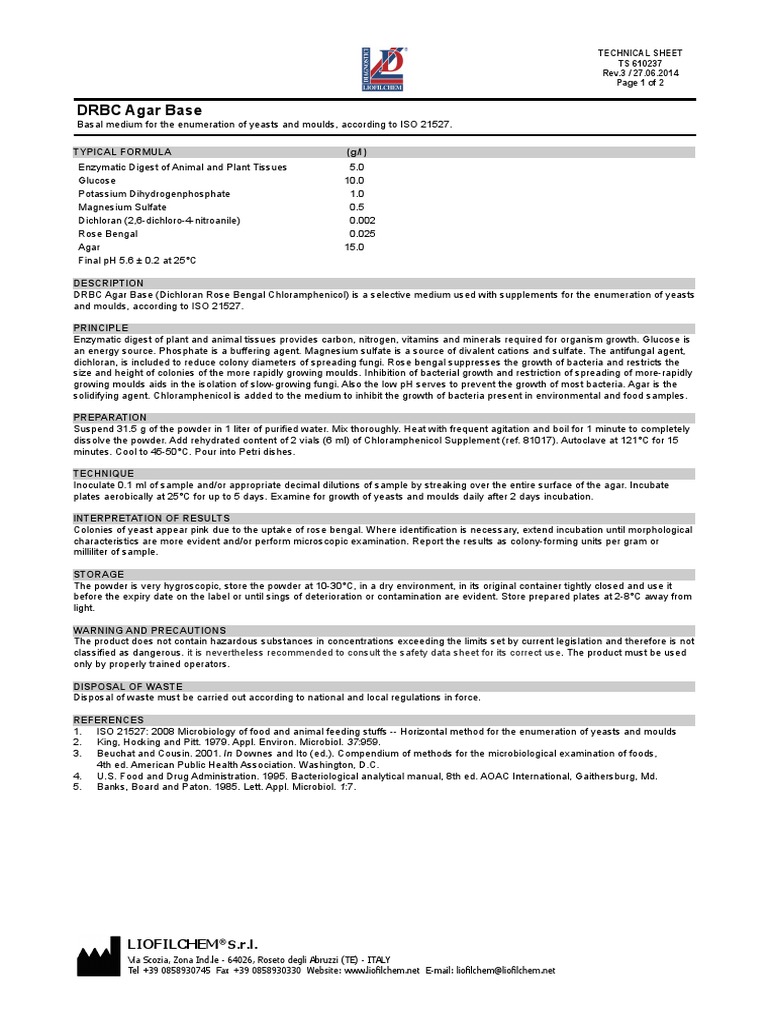 DRBC - Liofilchem | PDF | Growth Medium | Agar
