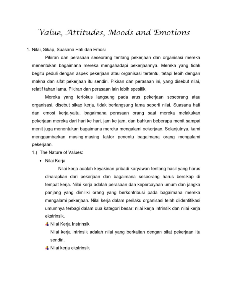 RMK Chapter 3 Values, Attitudes, Moods and Emotions | PDF