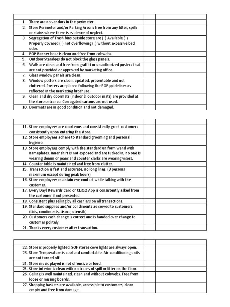 Store Quality Audit Checklist | PDF | Refrigerator | Foods