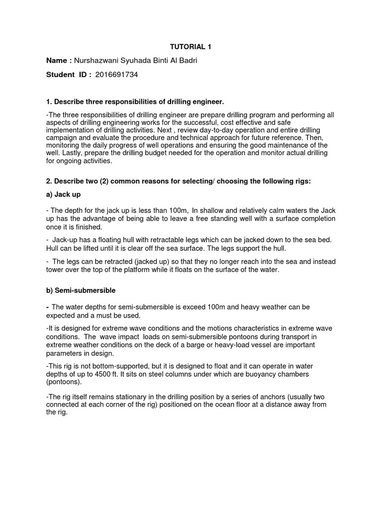TUTORIAL 1 Drilling Engineer | PDF | Drilling Rig | Mechanical Engineering