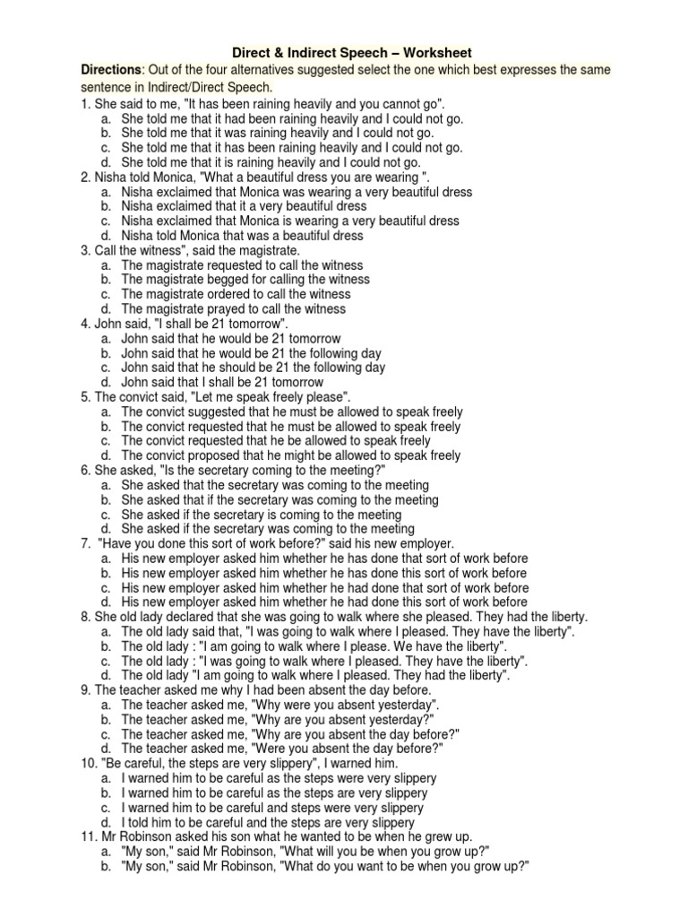 Direct & Indirect Speech - Worksheet | PDF | Freedom Of Speech
