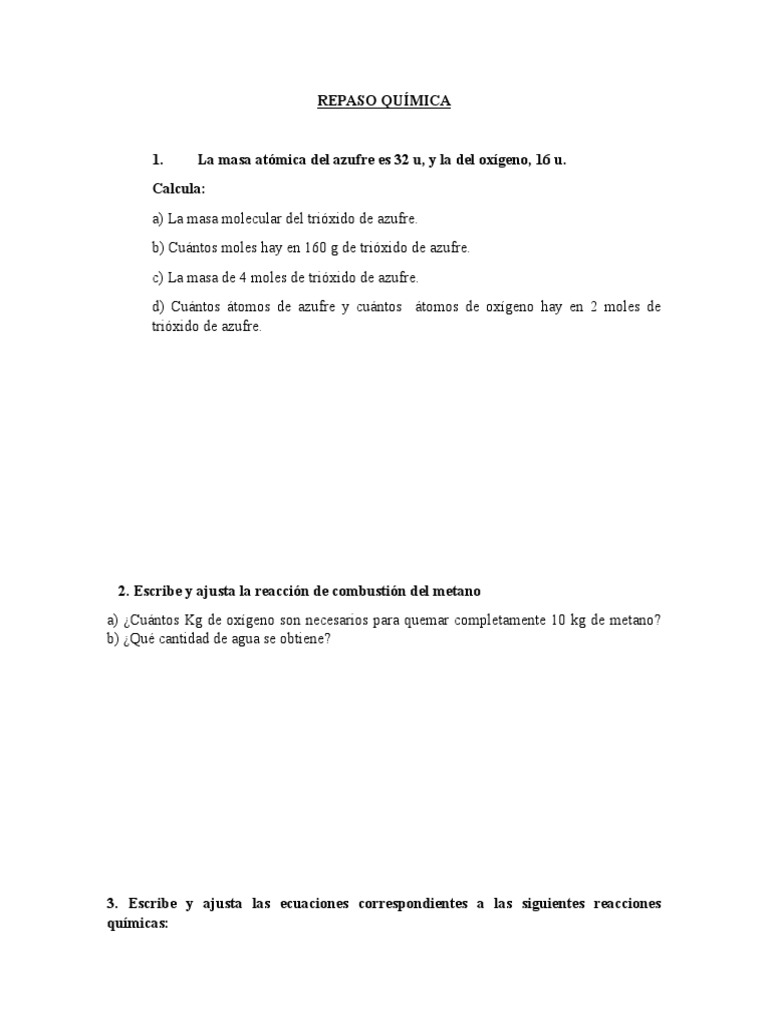 Ejercicios Repaso FyQ 4 Eso y 1º Bachillerato | PDF | Ácido clorhídrico | Azufre
