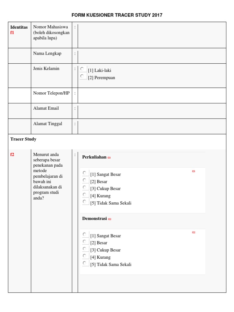 Form Kuesioner Tracer Study 2017 | PDF