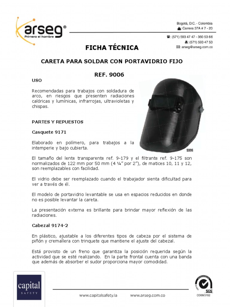 Ficha Tecnica de Careta de Soldar | Soldadura | Ingeniería