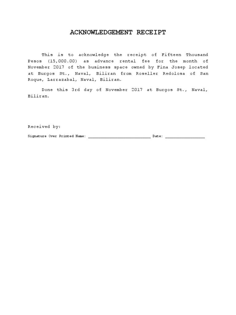 Acknowledgement Receipt: Signature Over Printed Name: - Date | PDF