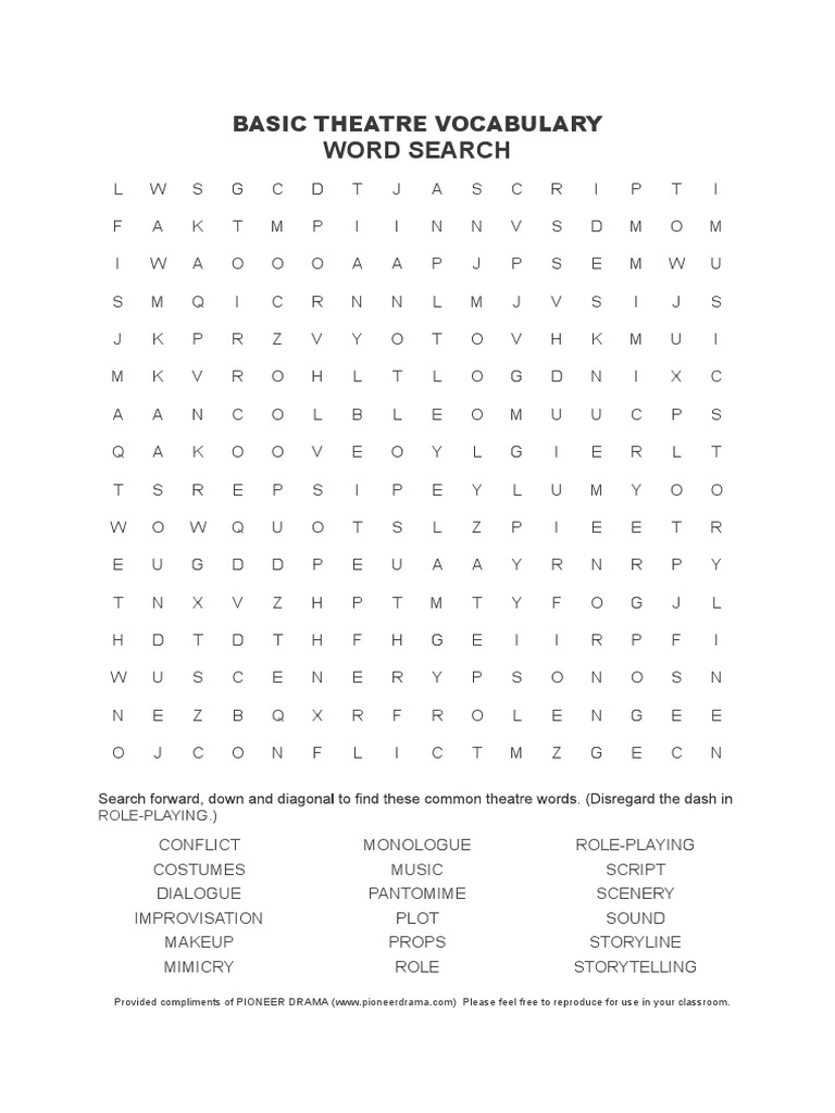 Basic Theatre Vocab Word Search | PDF | Entertainment | Performing Arts