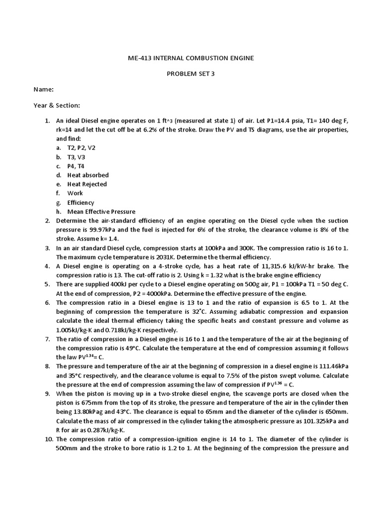 ME413 ICE Diesel Prob Set 3 | PDF | Internal Combustion Engine | Diesel Engine