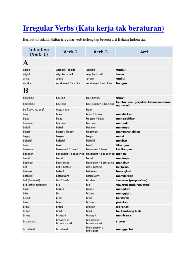 Irregular Verbs (Kata Kerja Tak Beraturan) : Infinitive (Verb 1) Verb 2 ...