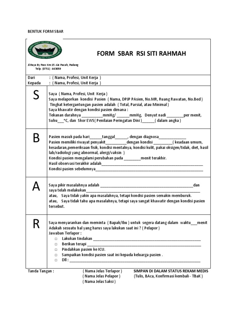 Contoh Pengisian Form SBAR Keperawatan | PDF