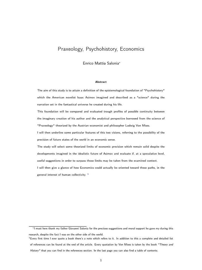 Praxeology, Psychohistory, Economics: Enrico Mattia Salonia | PDF ...