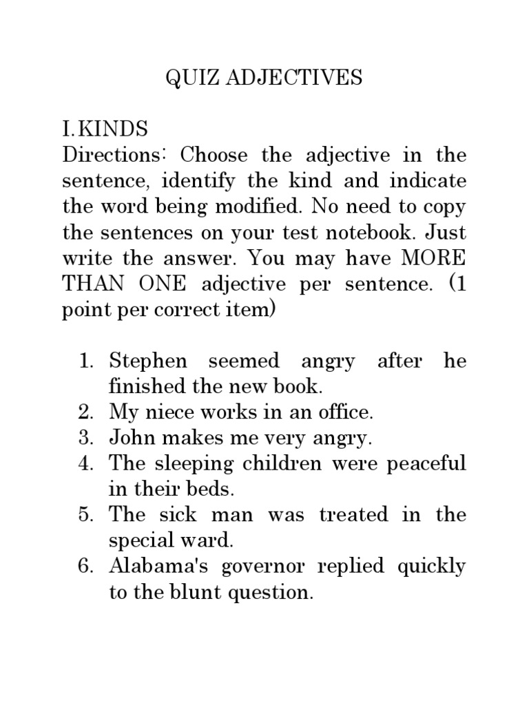 Adjective Identification and Order Quiz | PDF | Onomastics | Linguistic ...