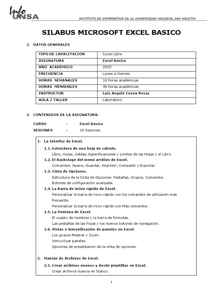 Sílabus Microsoft Excel Basico | PDF | Microsoft Excel | Hoja de cálculo