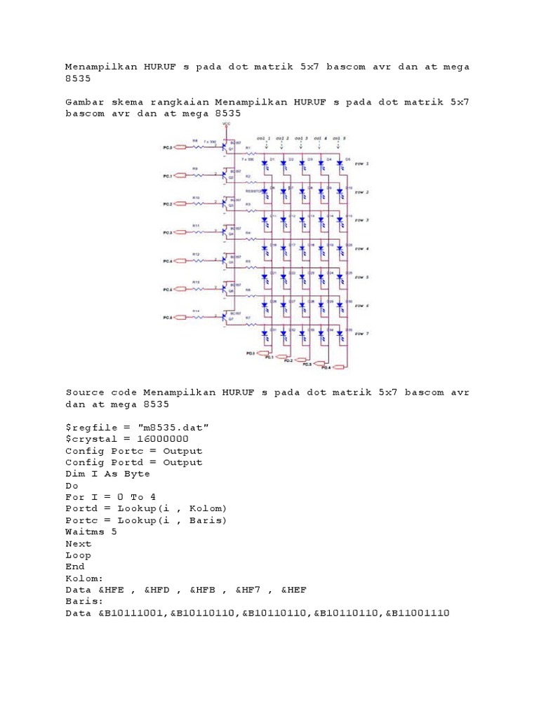 Menampilkan HURUF S Pada Dot Matrik 5x7 Bascom Avr Dan at Mega 8535 | PDF